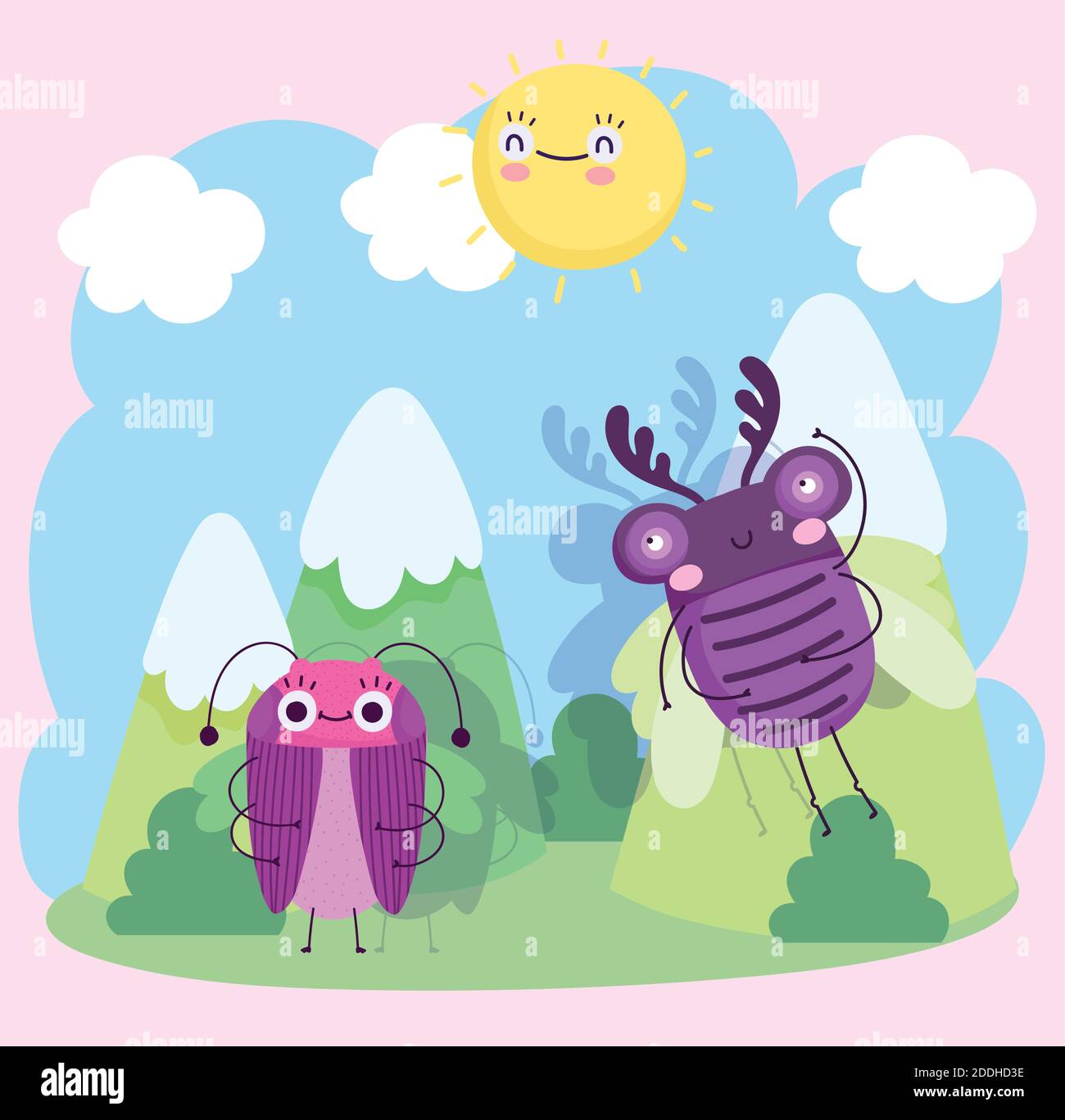 cute insects cartoon landscape mountains sun clouds vector illustration ...