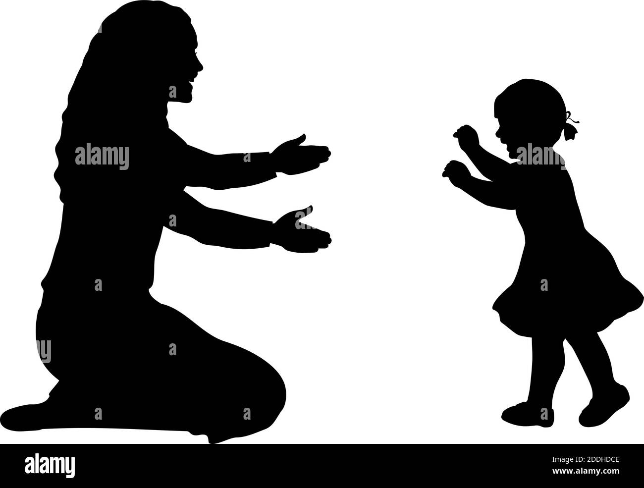 Silhouette of little daughte taking the first steps towards his mother ...