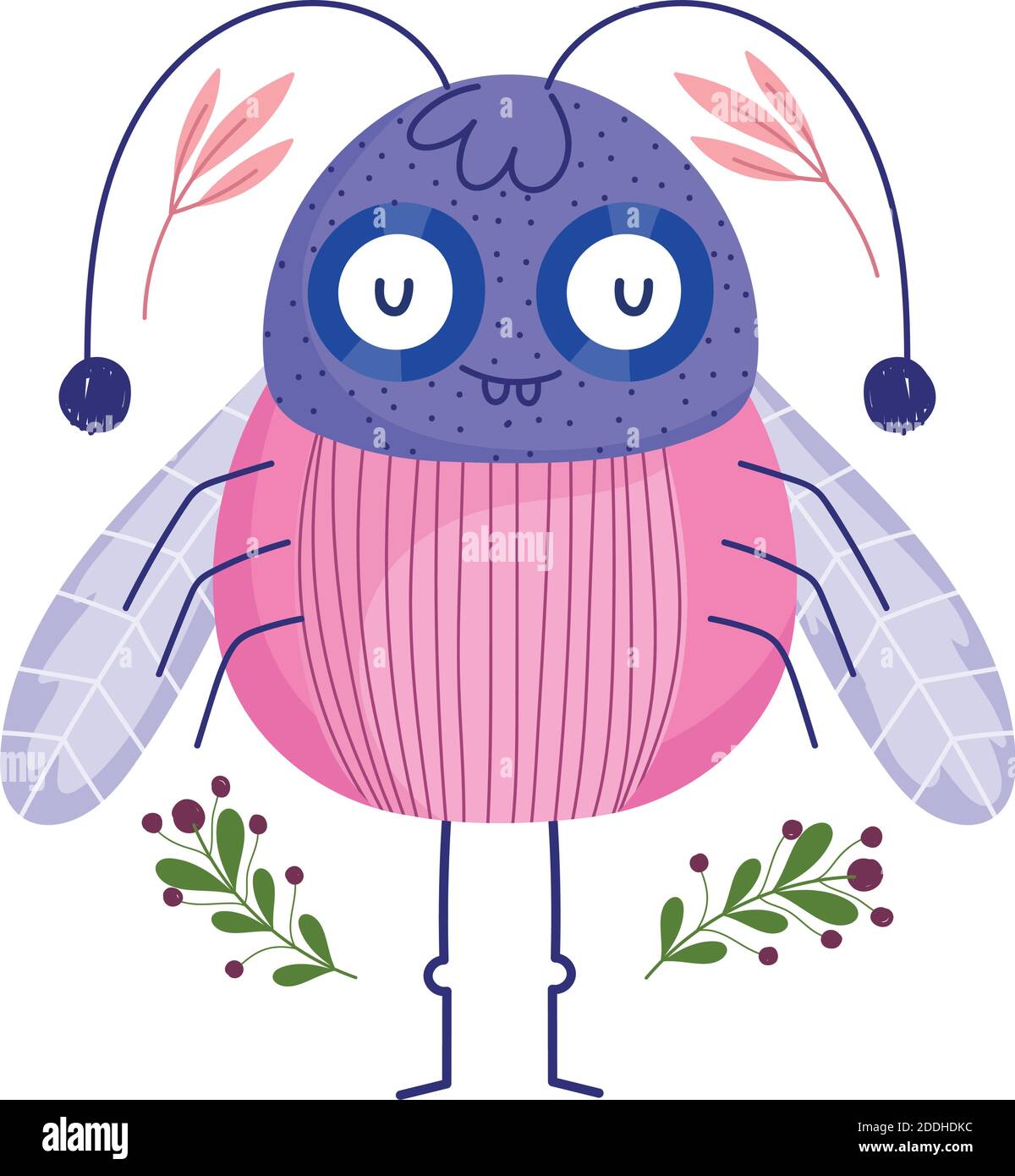 funny bug animal and branch with berries in cartoon style vector ...
