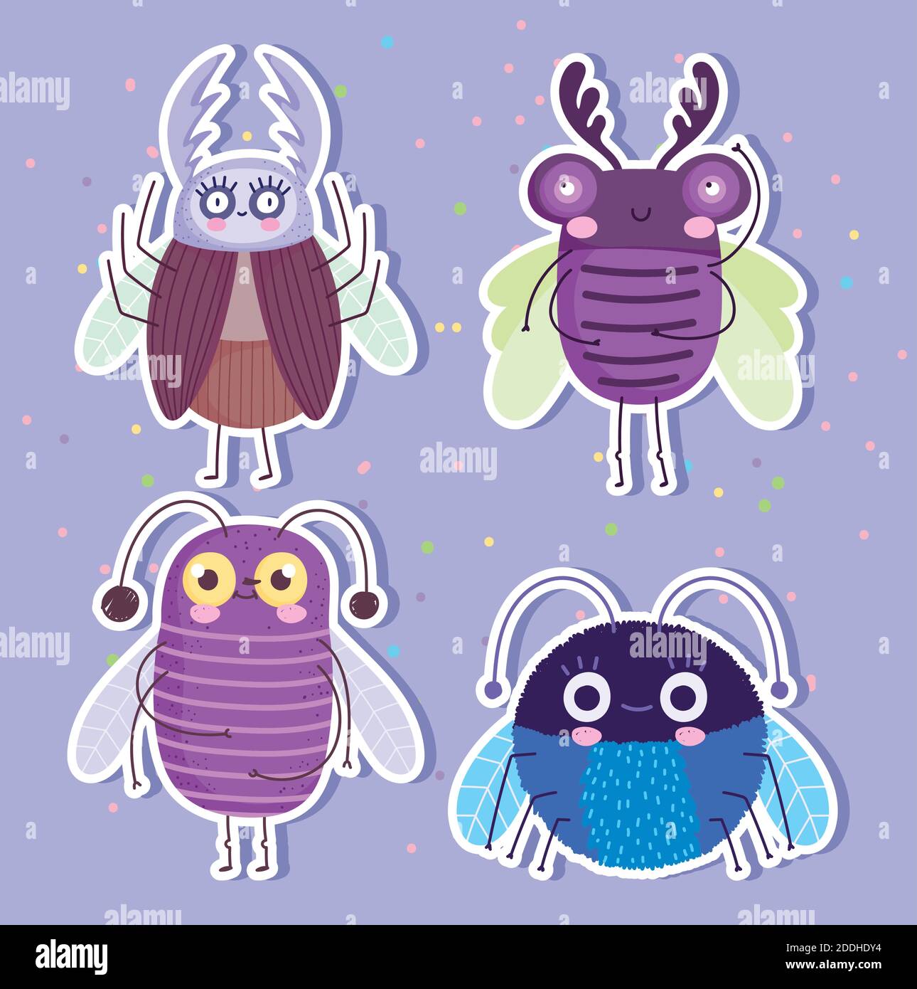 cute bugs insects animal in cartoon style stickers collection vector ...