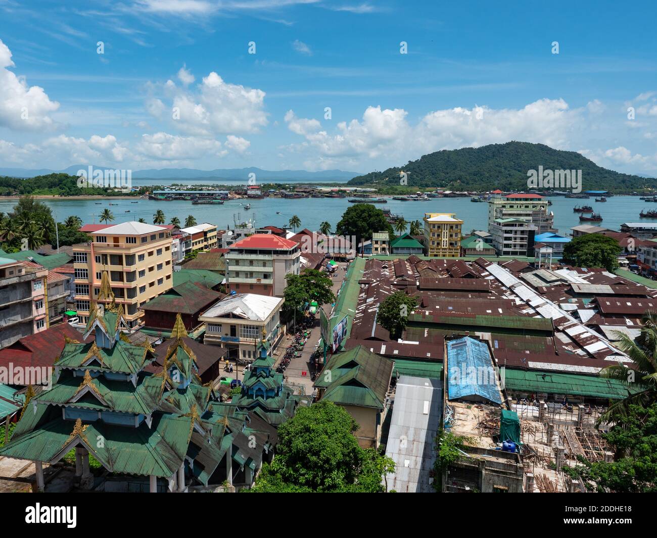 Aerial view of Myeik, Tanintharyi Region of Myanmar, with the strait between the city and the ...