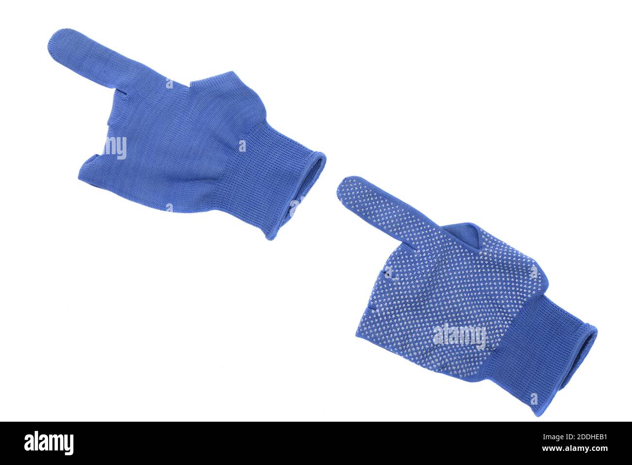 Blue work gloves shows the index finger sign isolated on white ...