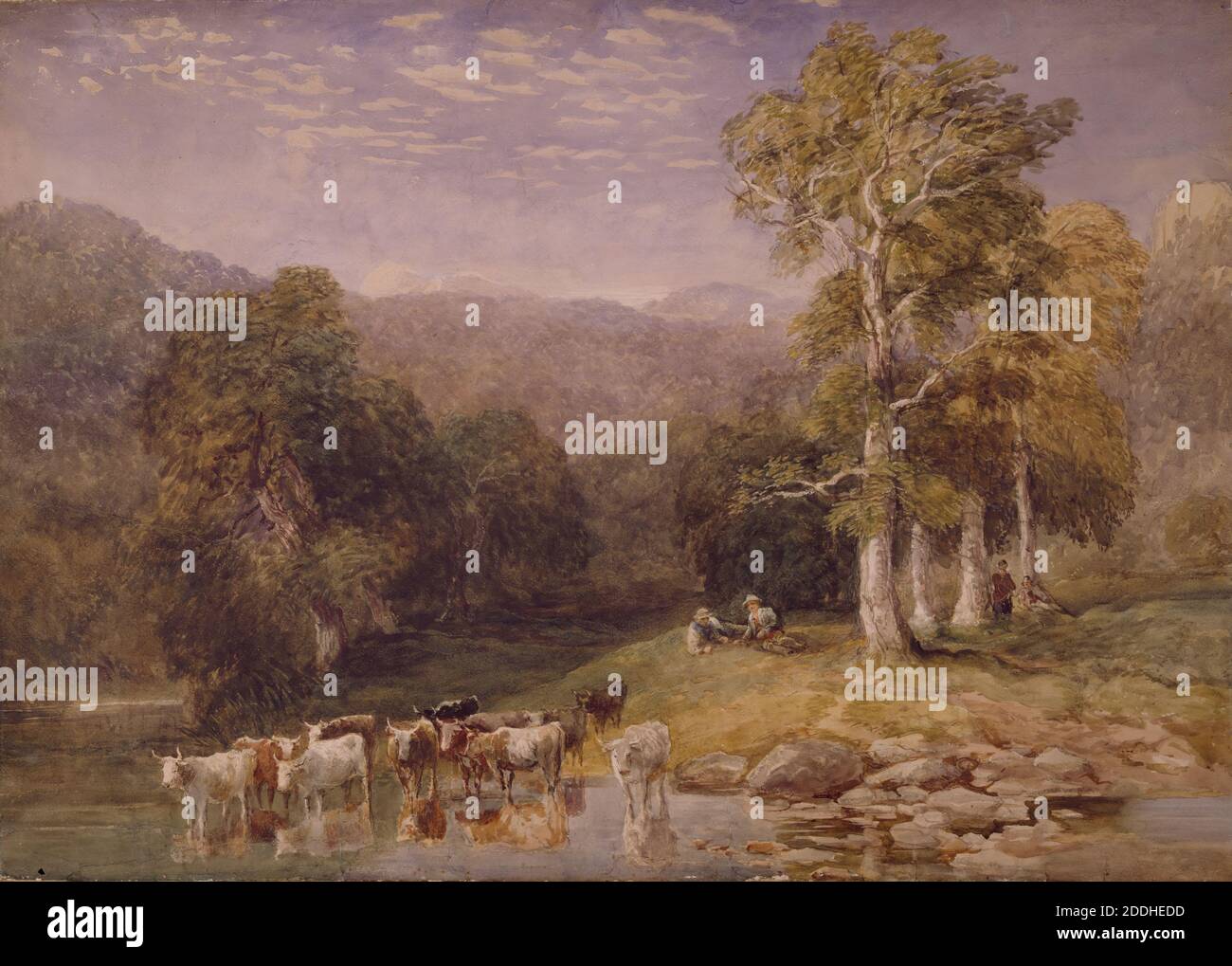 On the Llugwy by David Cox, Mountain, Watercolour, Wales, Animal, Cow ...