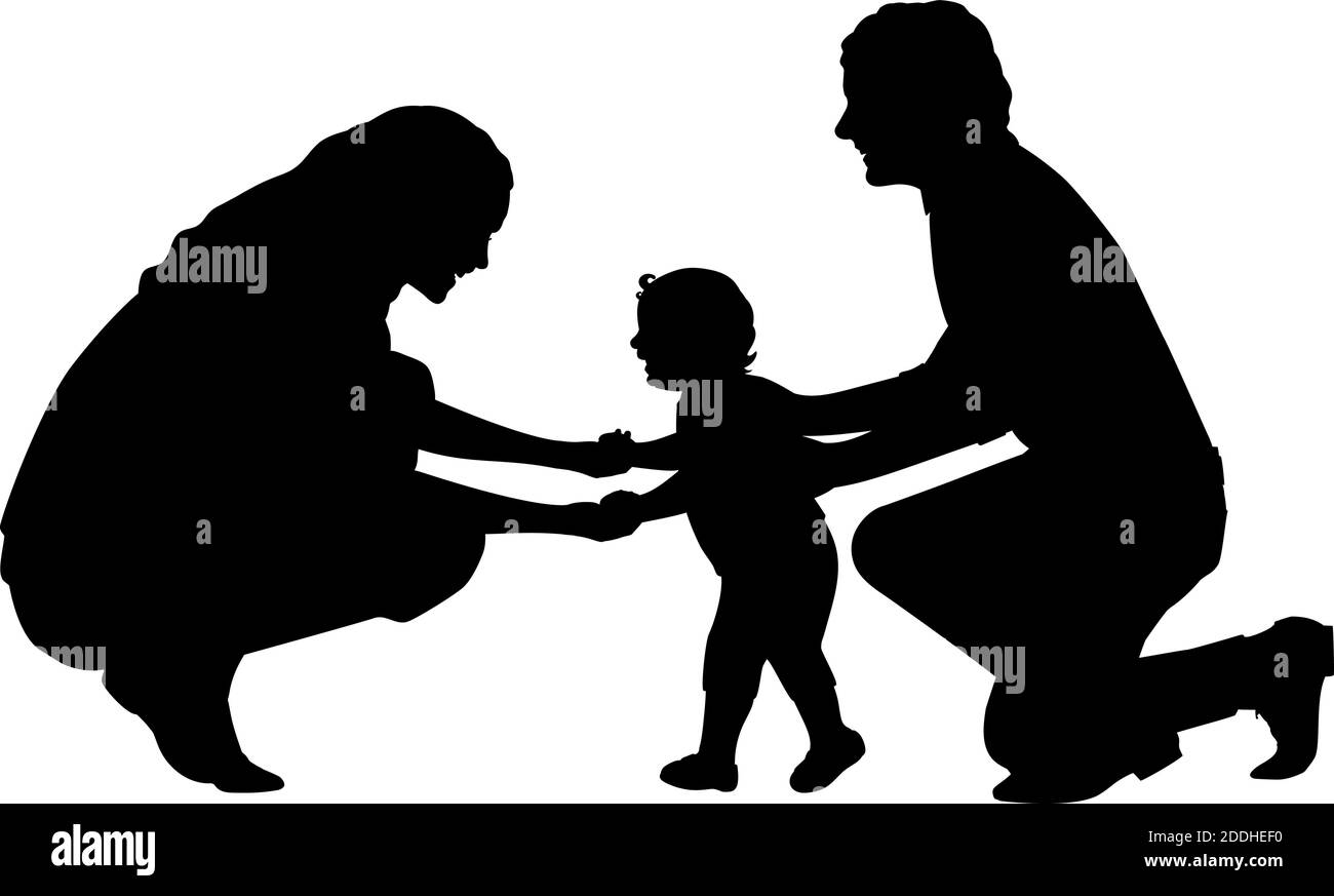 Silhouette of parents with little son first steps. Illustration symbol ...