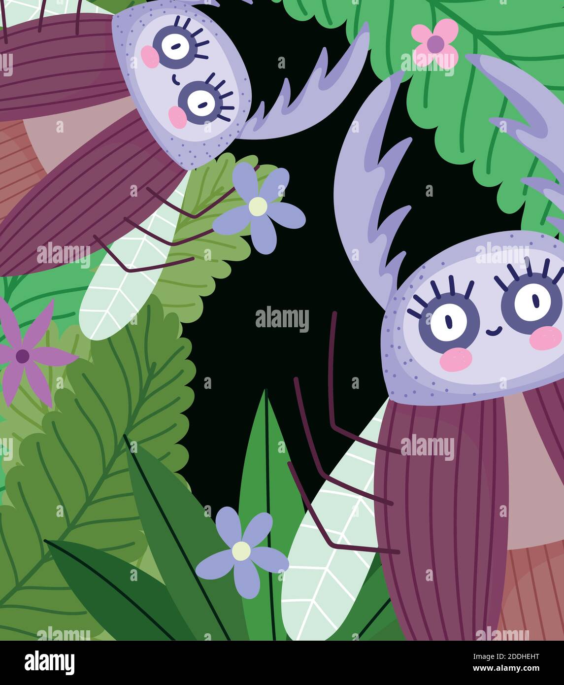 cute bugs with flowers foliage leaves nature in cartoon style vector ...