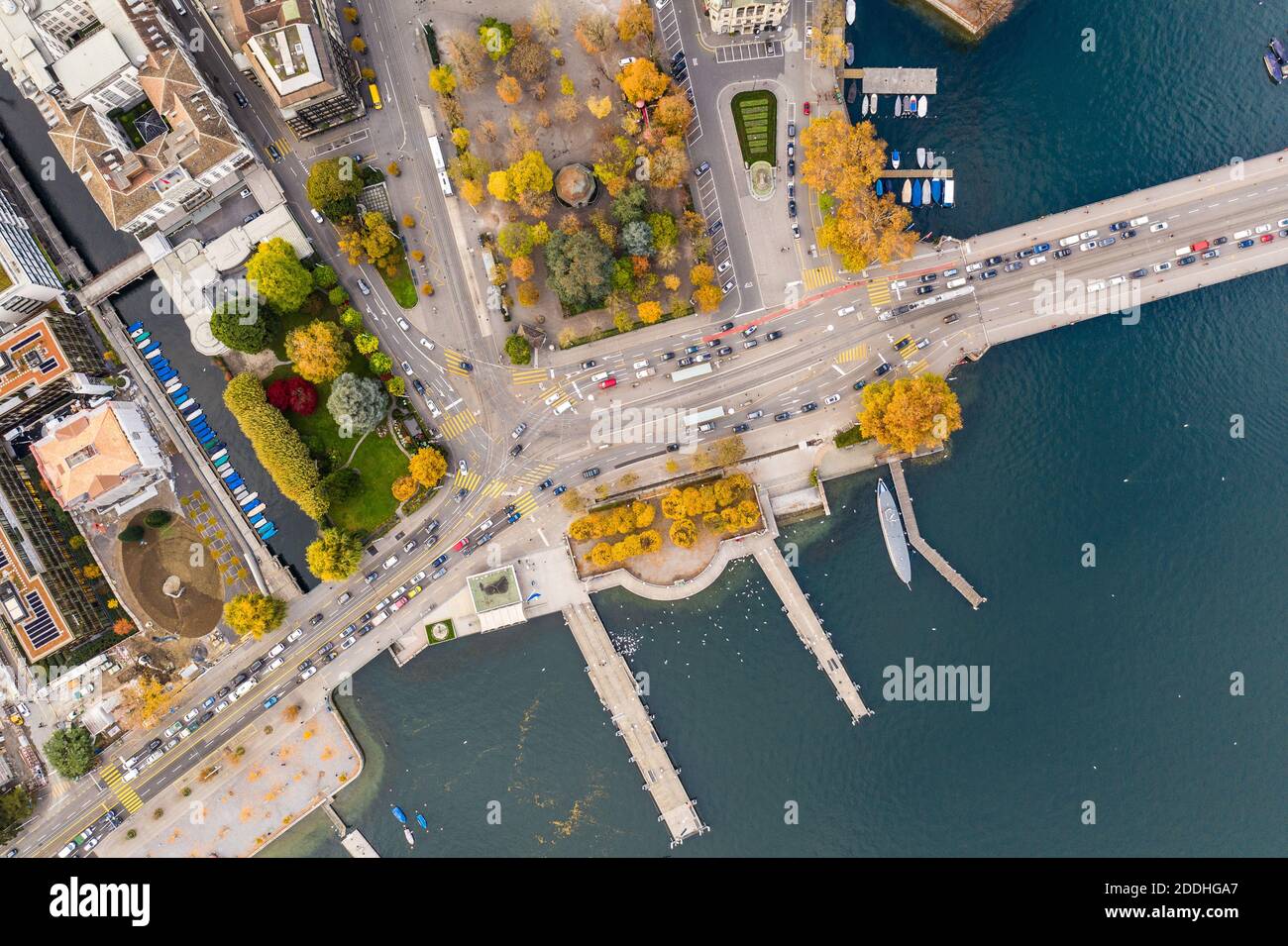 Top down aerial view of the Zurich waterfront area where the Limmat ...