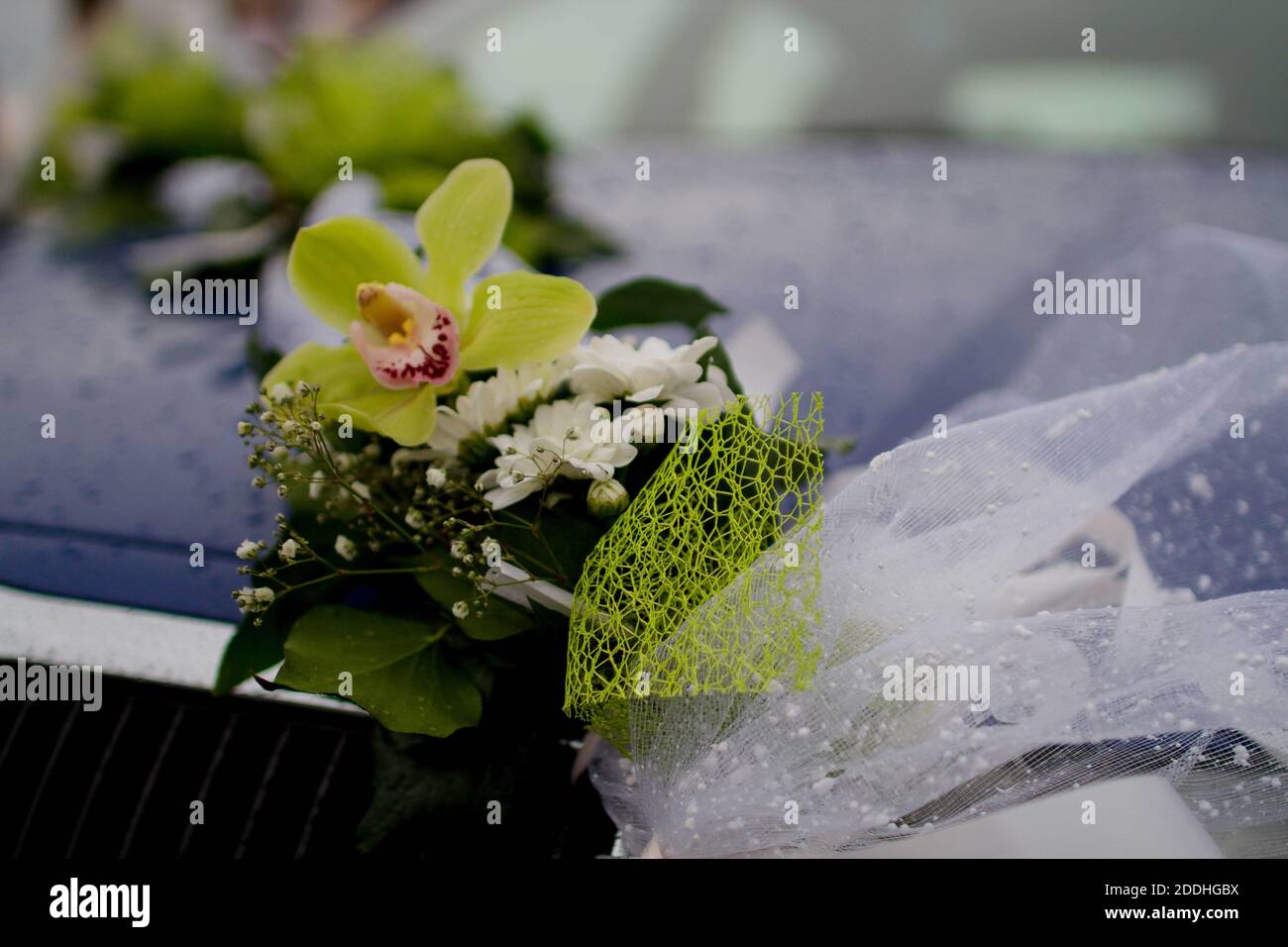 A closeup shot of a car decorated with flowers and veil for a wedding ...
