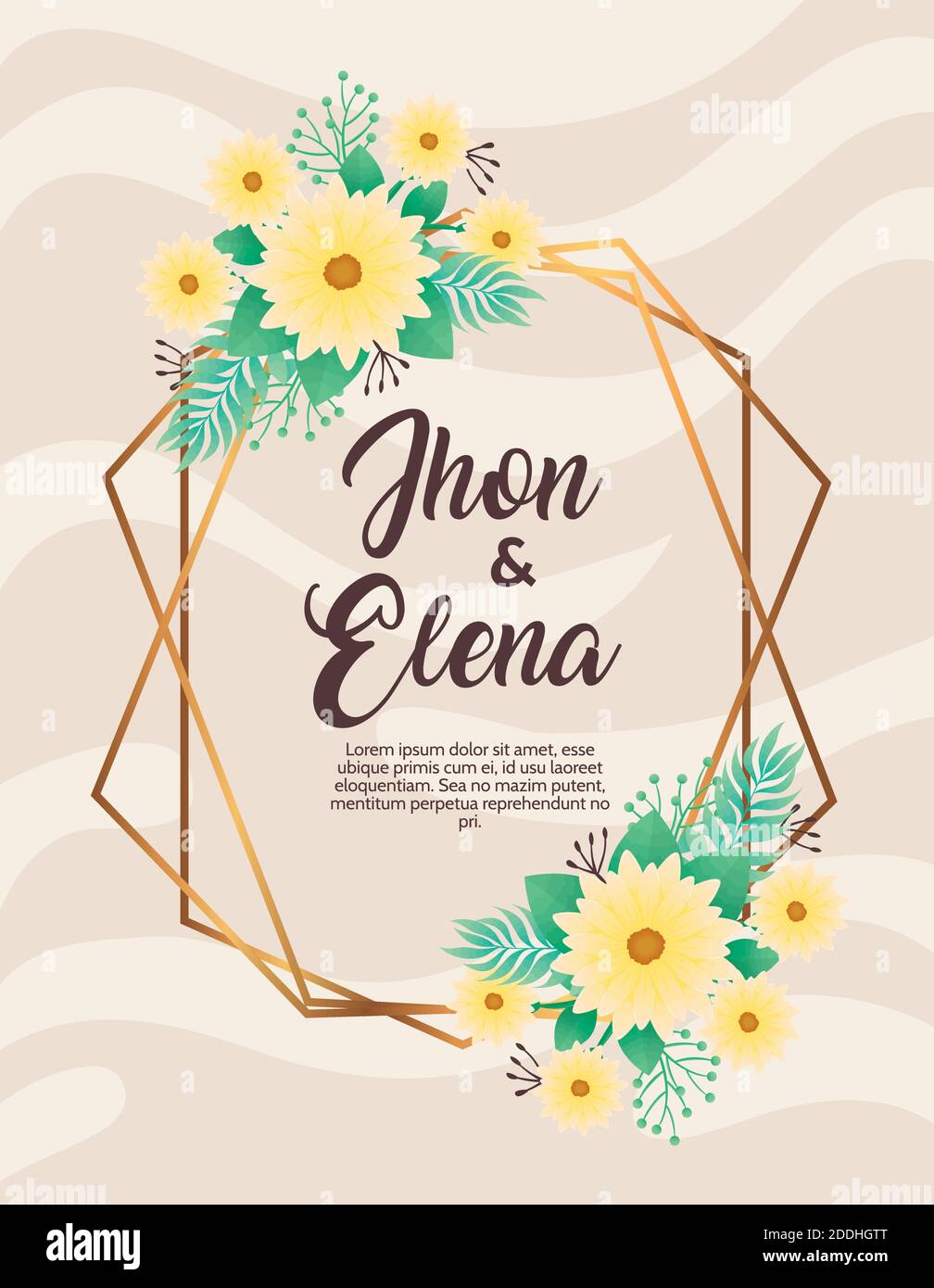 wedding invitation with jhon and elena lettering and yellow flowers ...