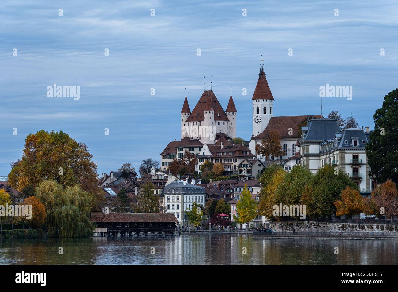 Thun medieval castle and old town by the the Aar river in Bern Canton ...