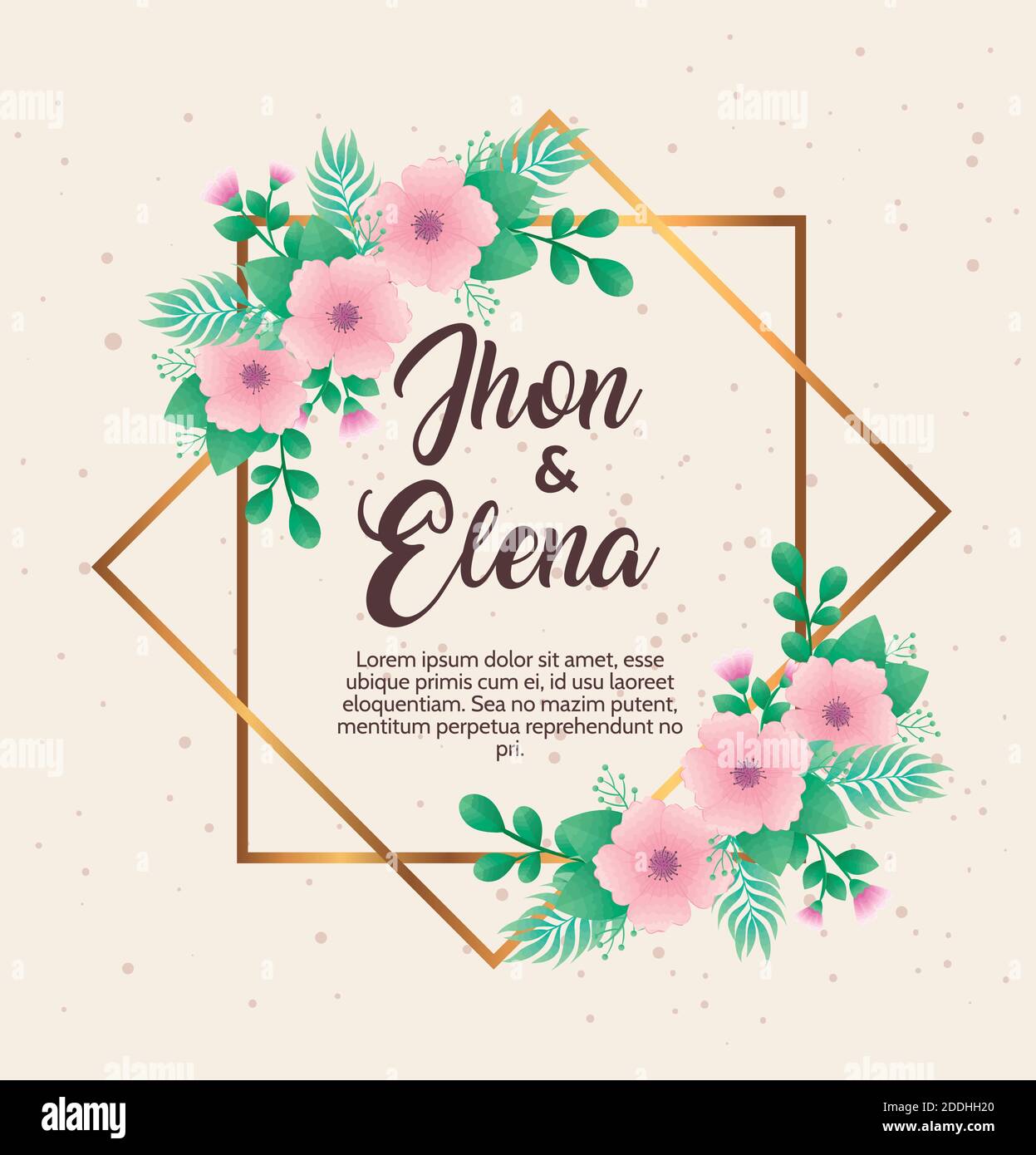 wedding invitation with jhon and elena lettering and pink flowers frame ...