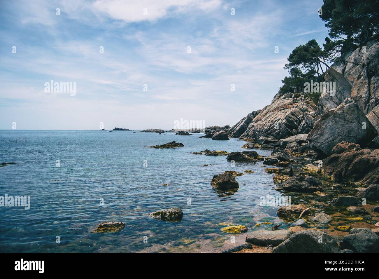 Landscape of a small pebble beach surrounded by rocks with vegetation ...