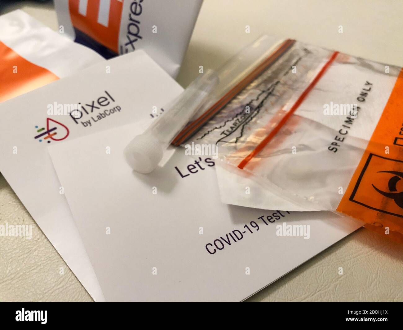 A Pixel by LabCorp COVID-19 at-home kit is displayed at a home in ...