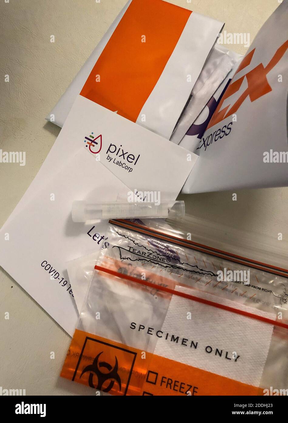 A Pixel by LabCorp COVID-19 at-home kit is displayed at a home in ...