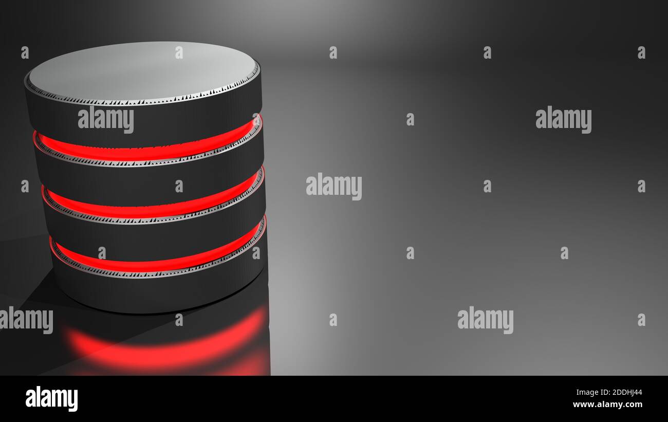 DATABASE technology concept image with metallic disks and red light ...