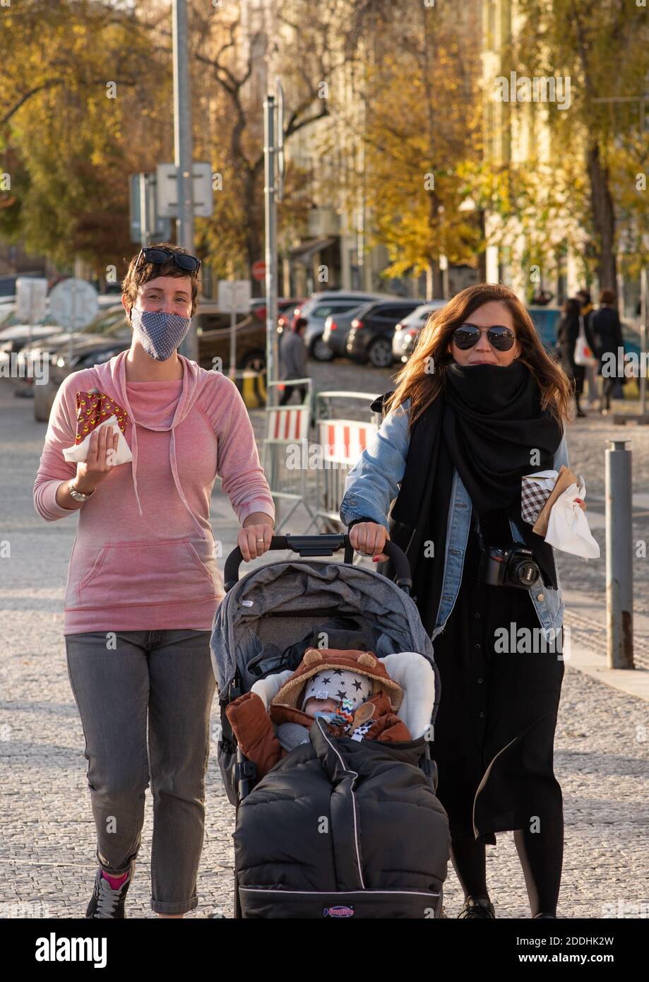 11-23-2020. Prague, Czech Republic. People walking and talking outside ...