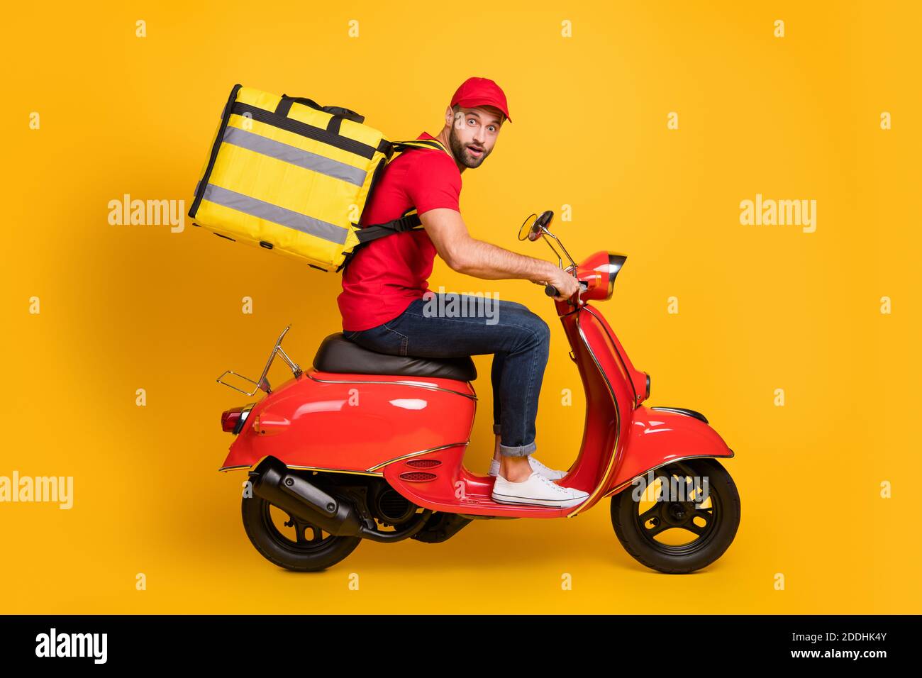 Profile photo of courier man ride motorbike wear bag red t-shirt hat ...