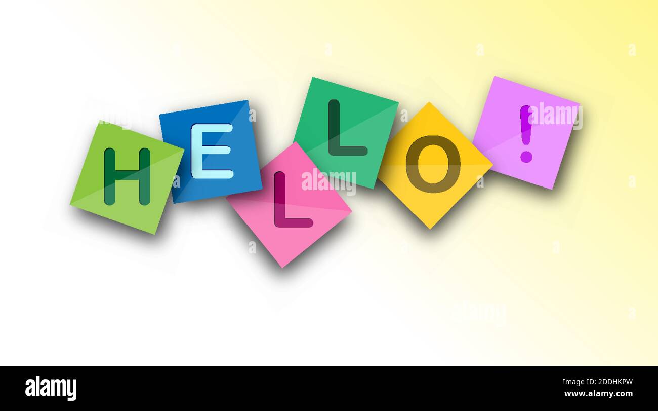 Hello. Welcome speech on colored square sheets. Vector banner for a ...