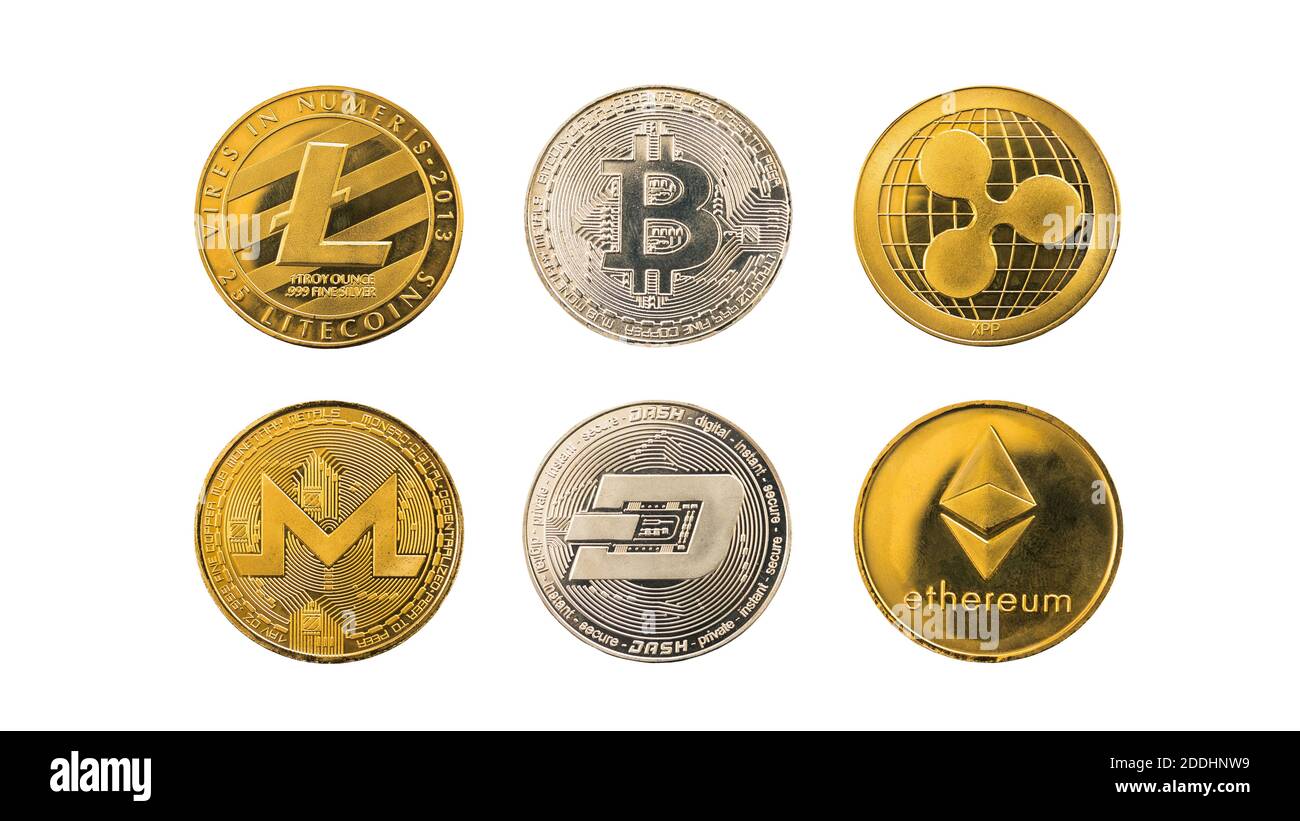 Set of different crypto coins on white background, digital currency ...