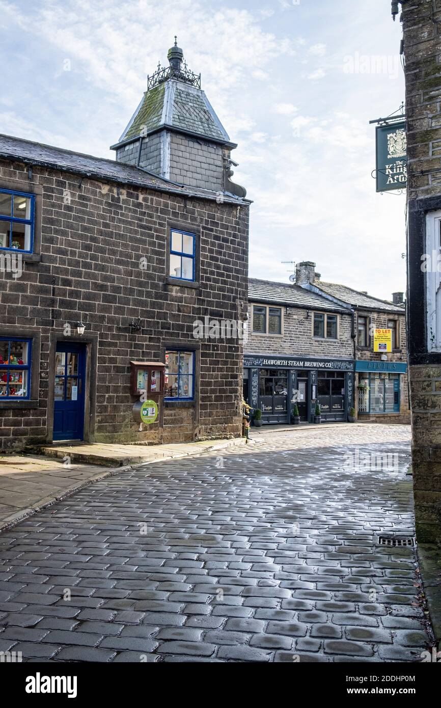The main street in the village of Haworth, West Yorkshire, England, UK ...