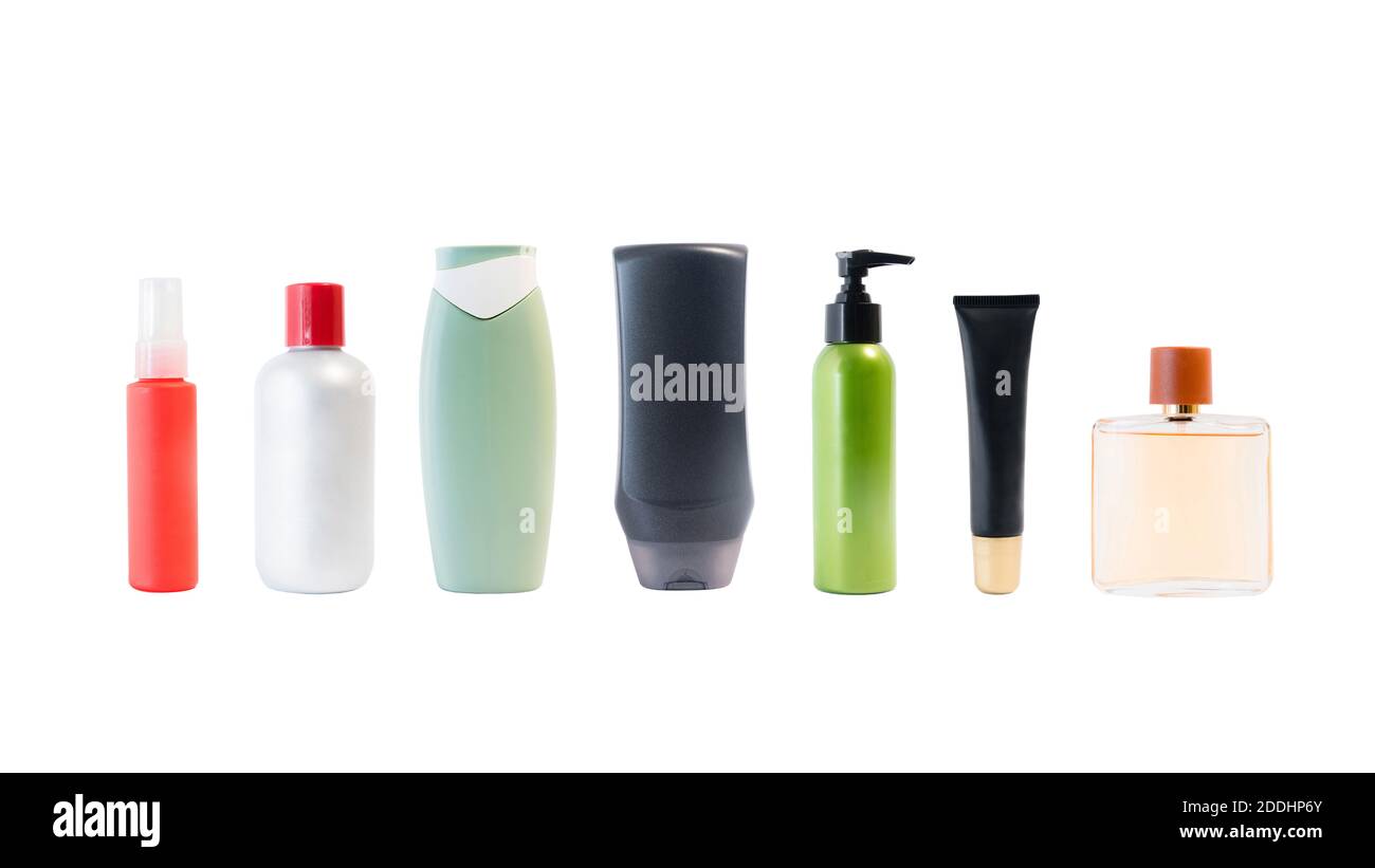 Set of blank shampoo, hand cream, perfume, shower gel, deodorant ...