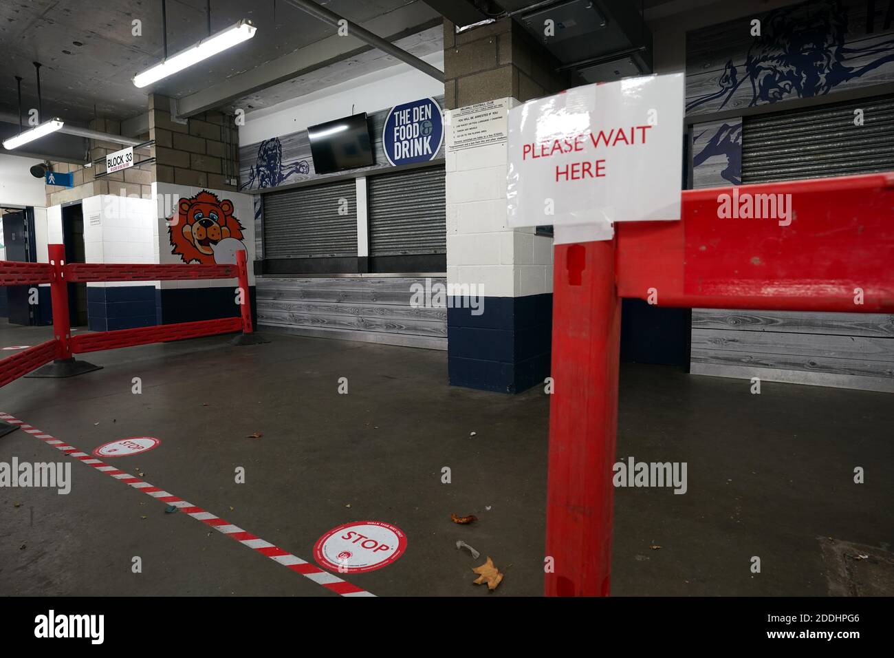 A view of a queueing system in place near a snack bar in the concourse ...