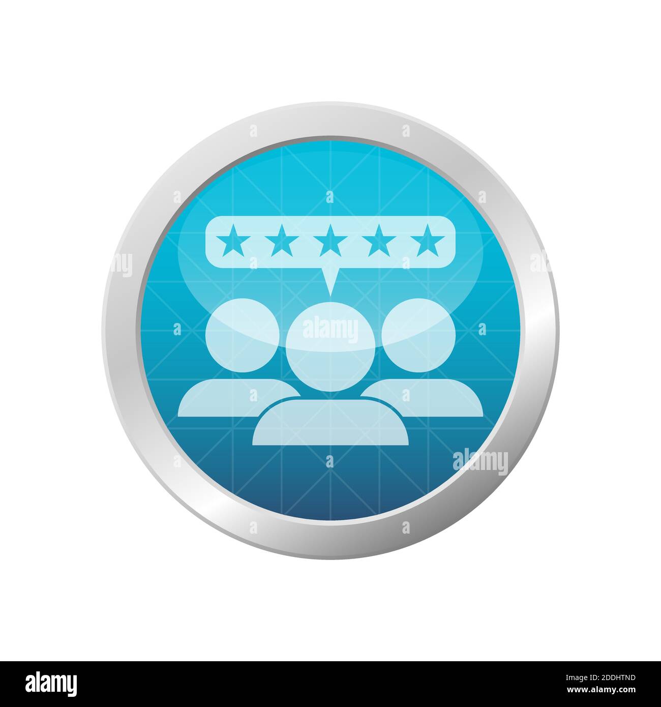 Five star reviews icon. Group of three satisfied customers. Light blue circle frame vector ...