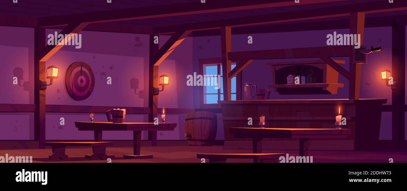 Old tavern, vintage pub with wooden bar counter, shelf with bottles ...