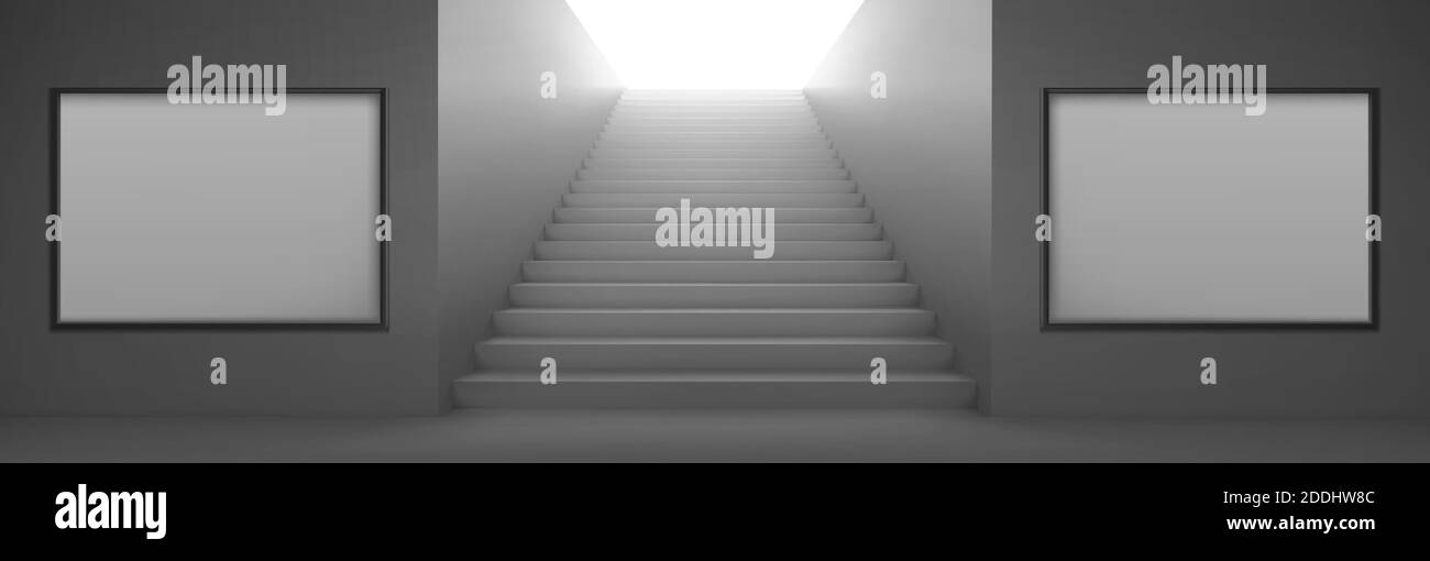 3d stairs going to light and empty white LCD screens for advertising on ...