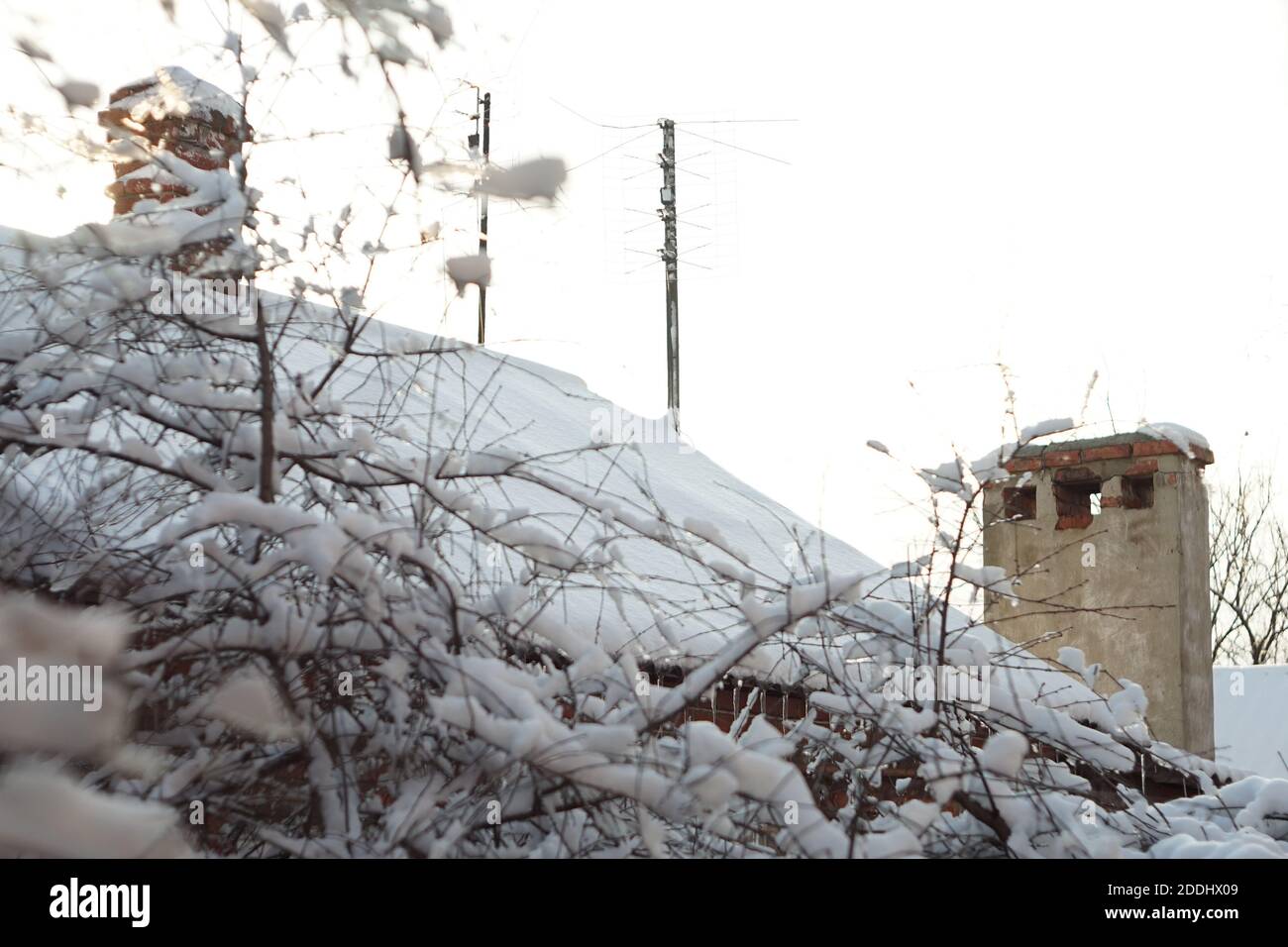 Rural chimneys and antennas on a snow-covered roof and tree branches ...