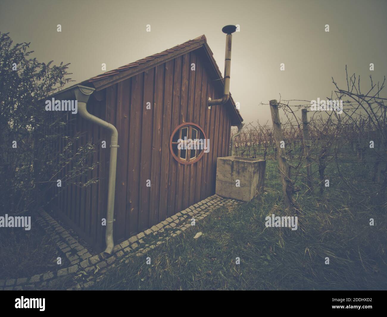 An old wooden cabin in a field surrounded by plantations and trees ...