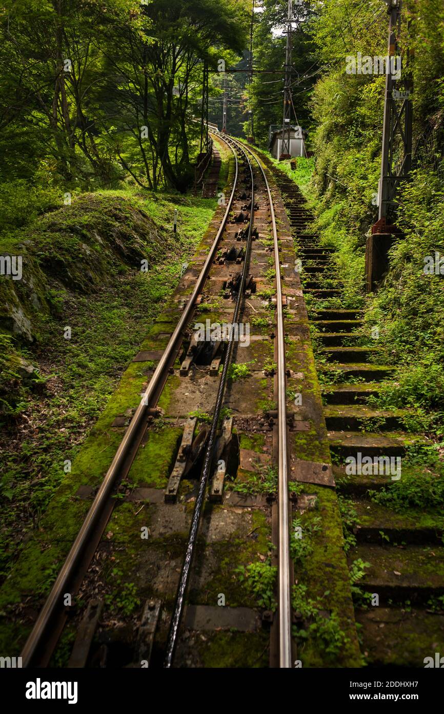 Vertical view of the Gokurakubashi to Koyasan cable car tracks, Japan ...