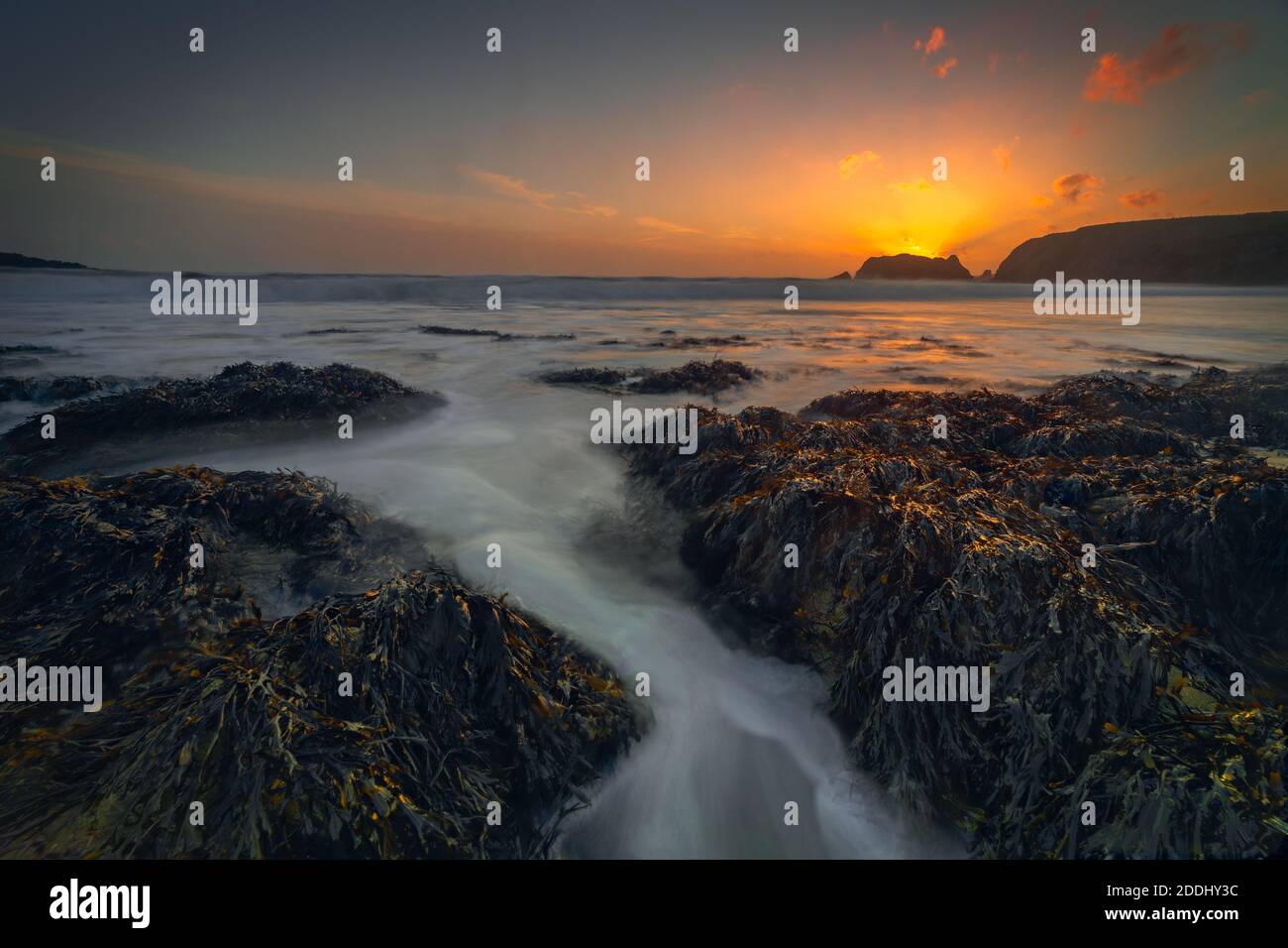 The rock formations in the foamy water of the sea at sunset Stock Photo ...
