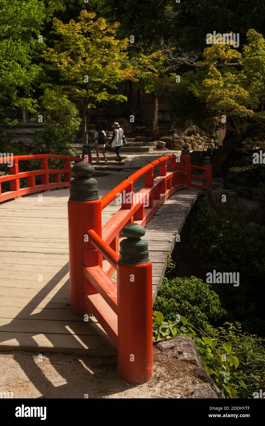 Vertical view of a traditional Japanese red bridge in Momijidani Park ...