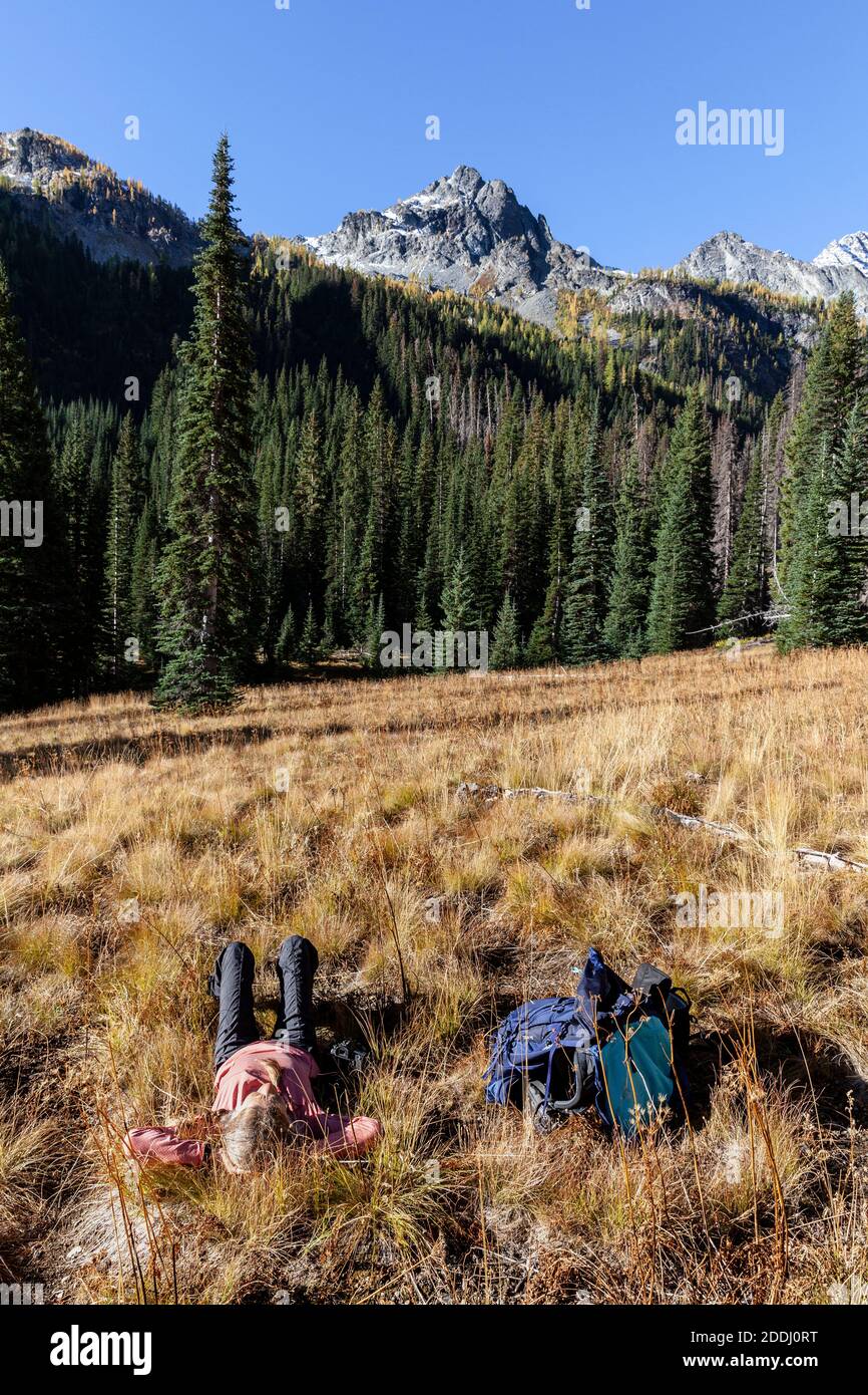 WA17752-00.....WASHINGTON - Woman relaxing in the Entiat Meadows near ...