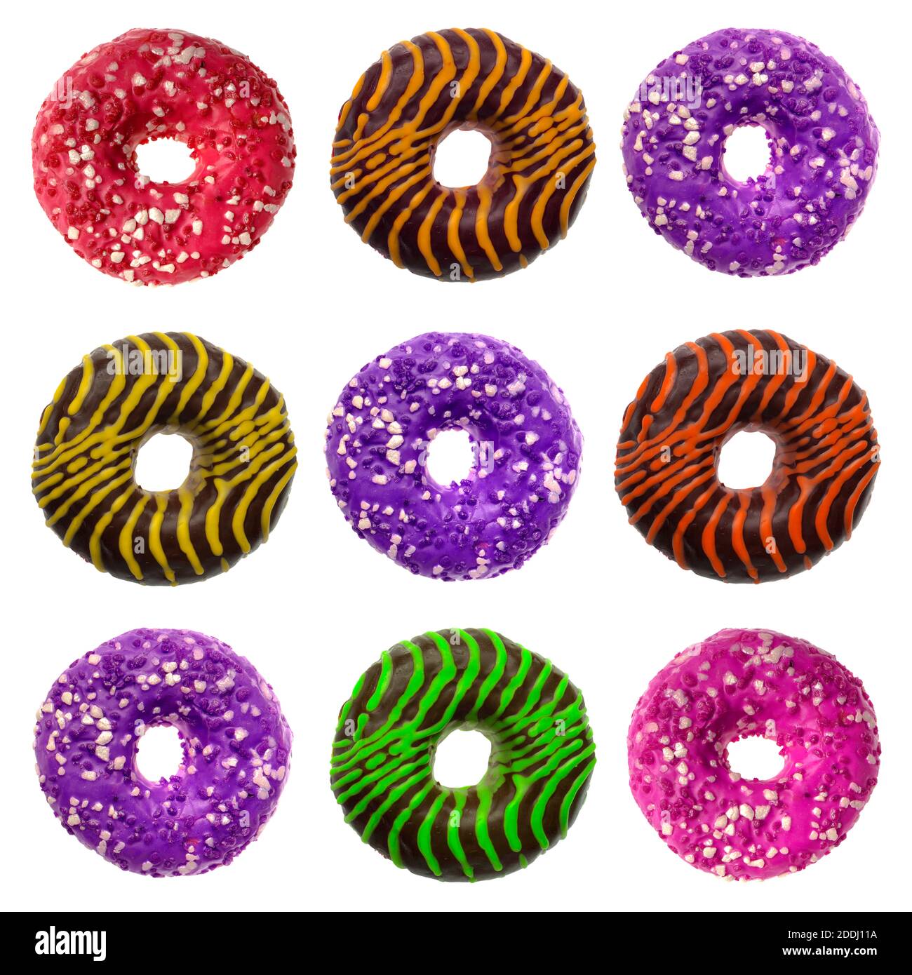 Collage of appetizing American donuts on white background isolated ...