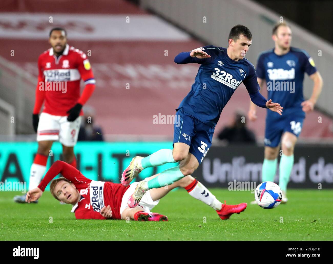 Middlesbrough's Duncan Watmore collides with Derby County's Jason ...