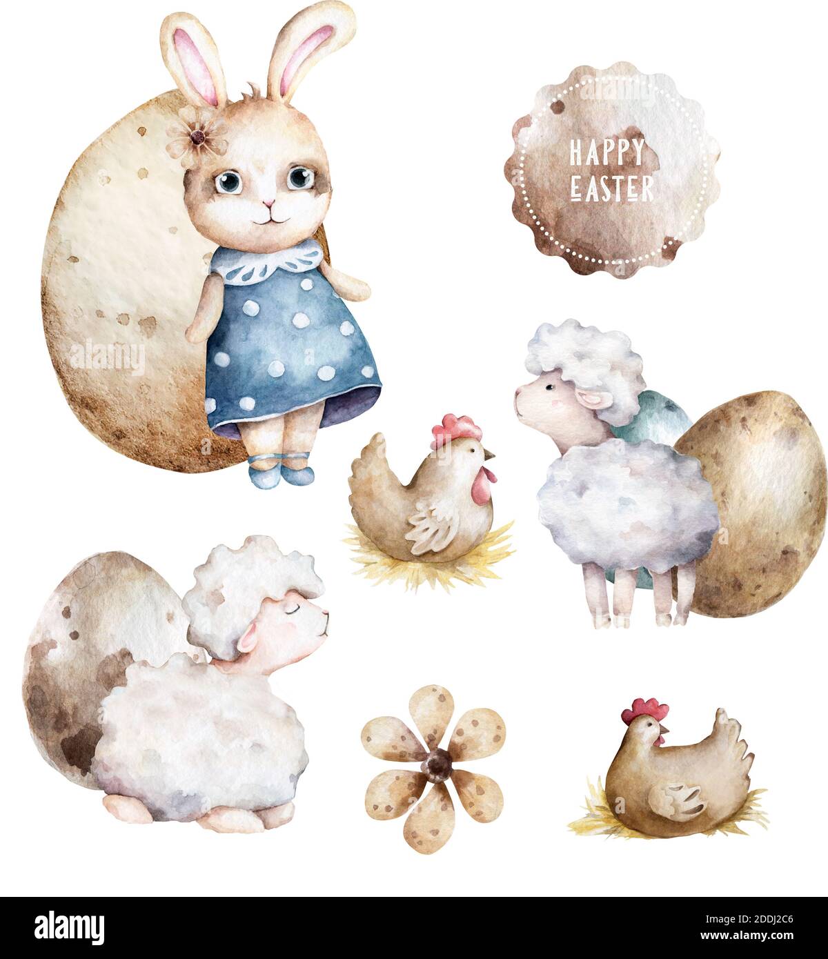 Hand drawn watercolor happy easter set with bunnies design. Rabbit ...