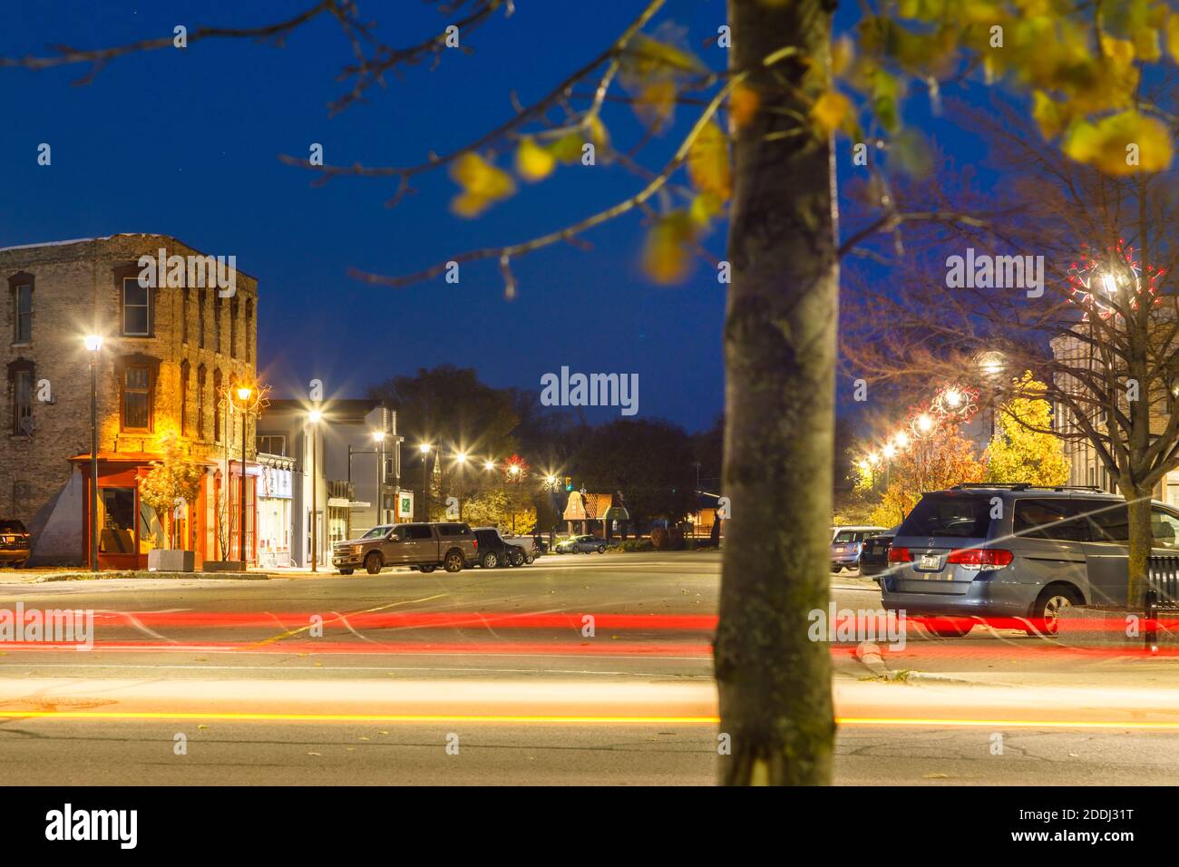 Historical buildings at Courthouse Square at dusk in Downtown Goderich ...
