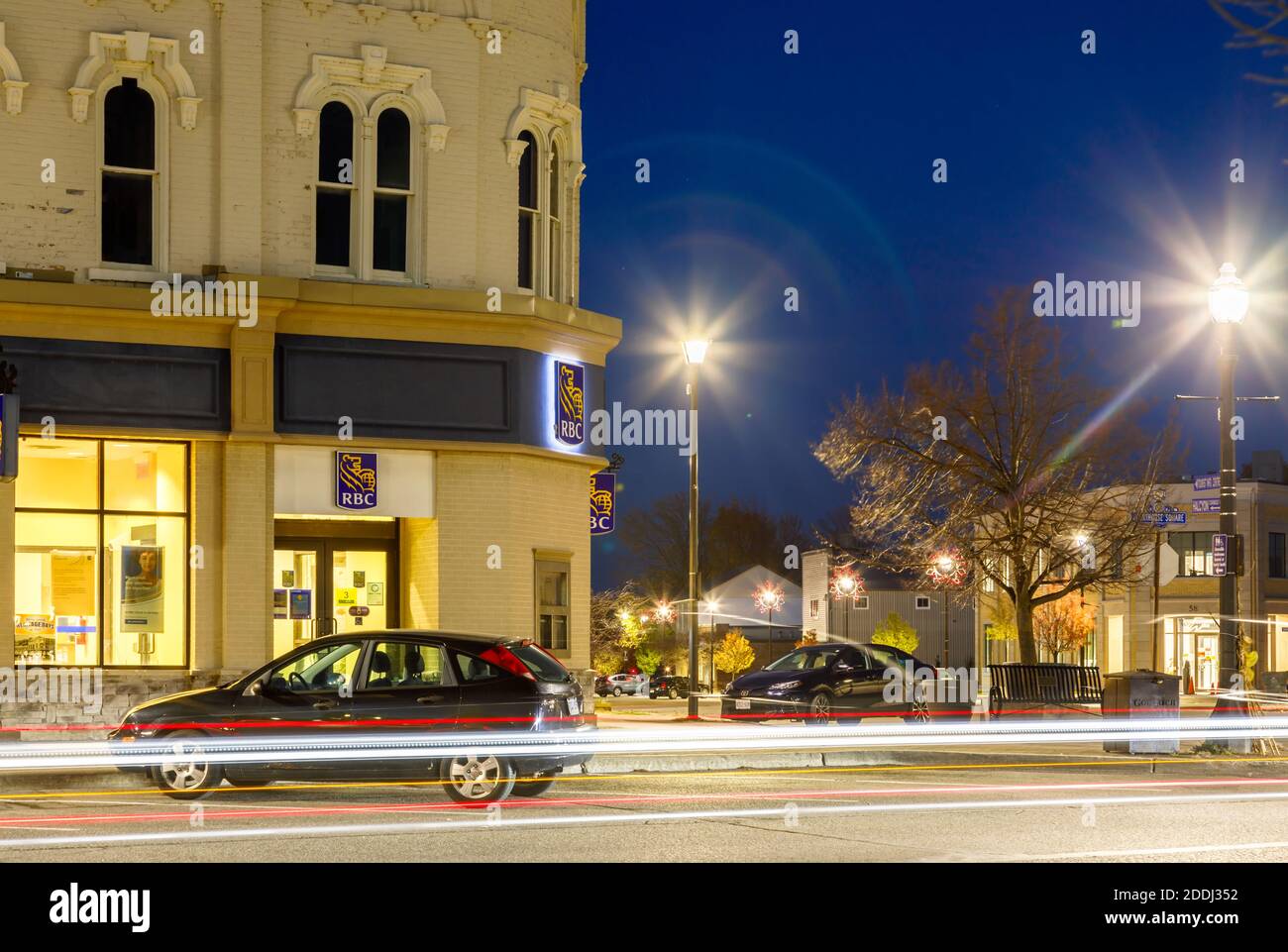 Historical buildings at Courthouse Square at dusk in Downtown Goderich ...