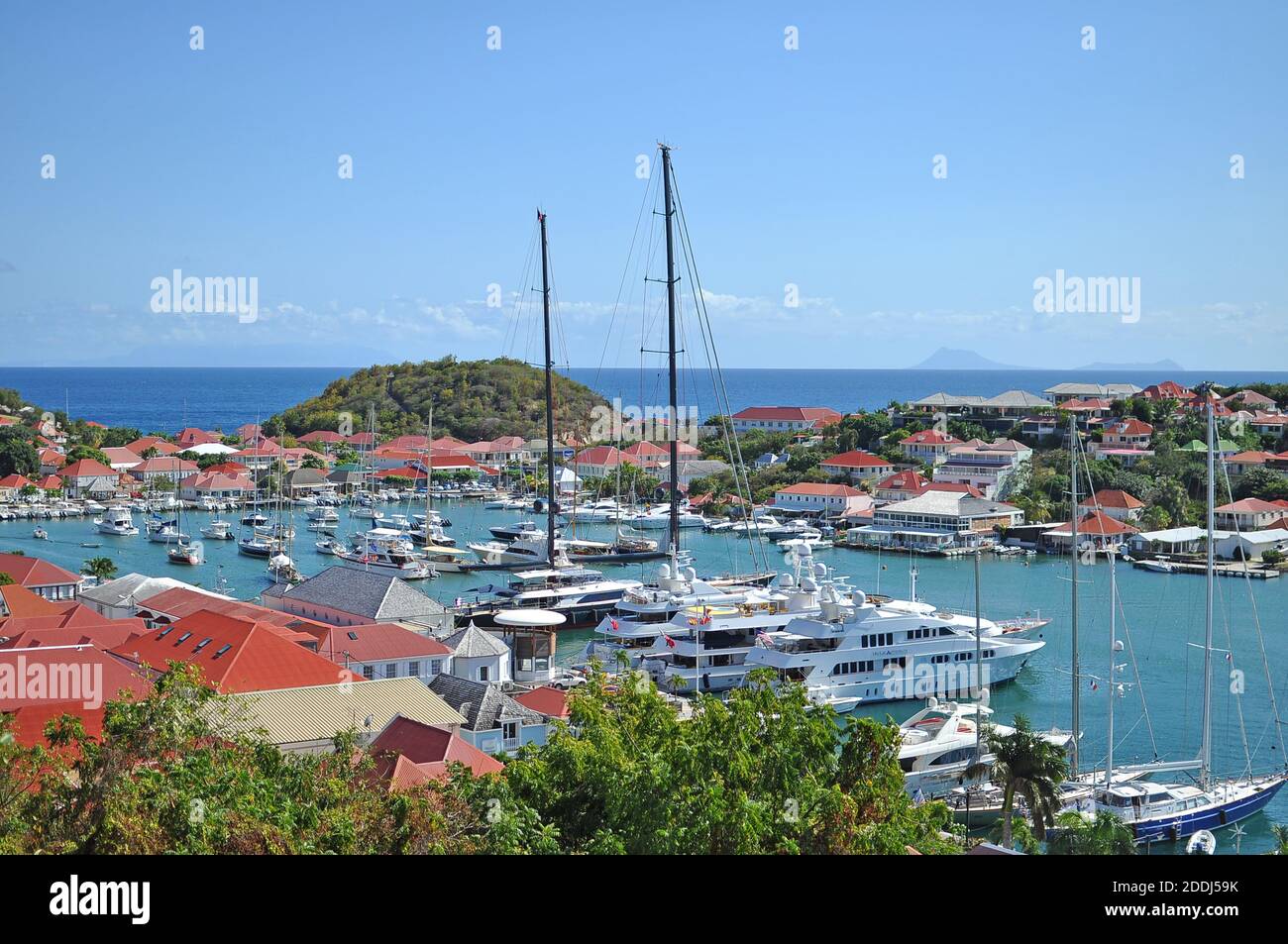 Aerial view at the Saint Barth marina with yachts and boats Stock Photo ...