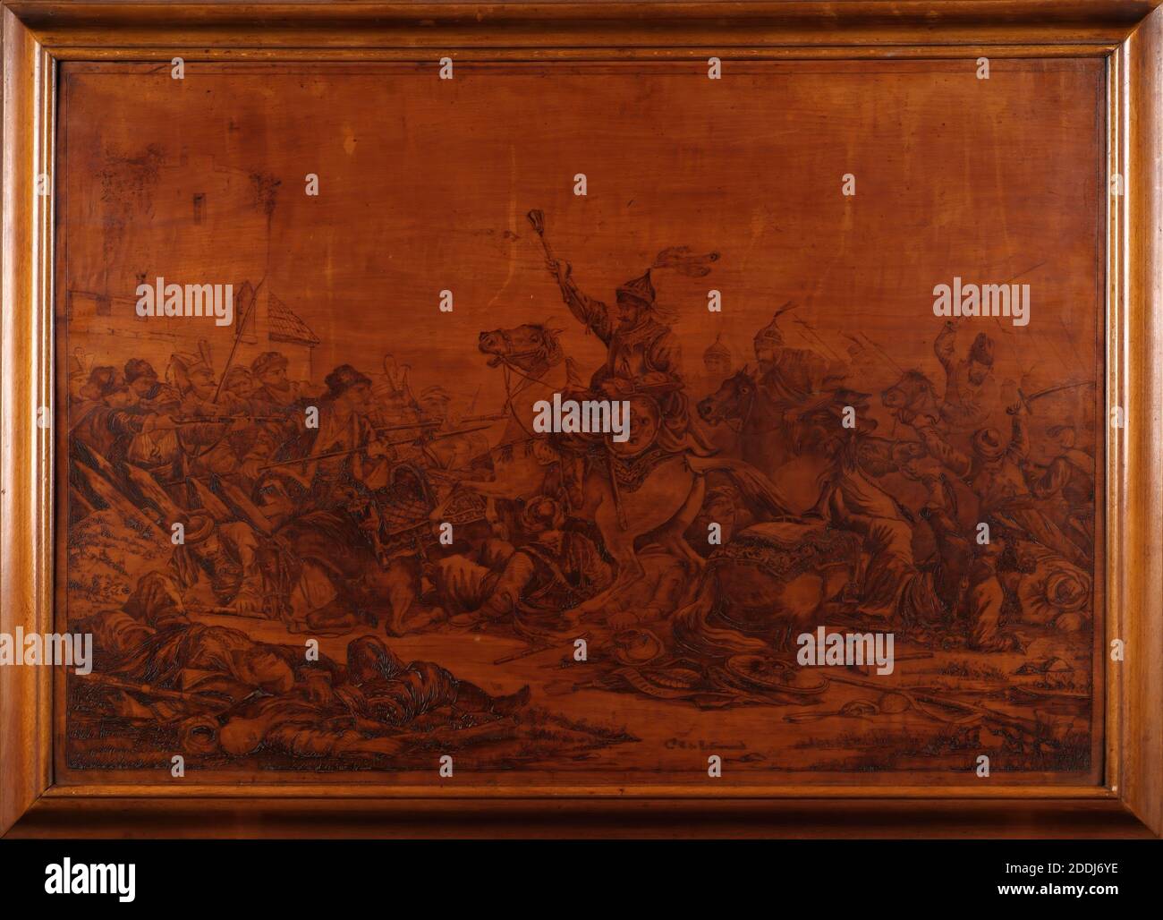 Pyrography Picture Panel, Asiastic Battle Scene, 1800-1850. Made in ...