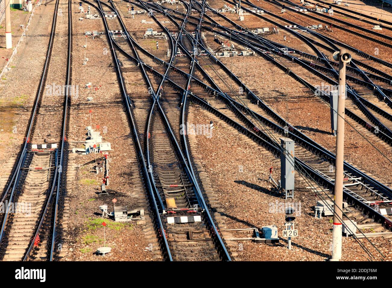 Weaving multiple rail tracks at a marshalling yard Stock Photo - Alamy