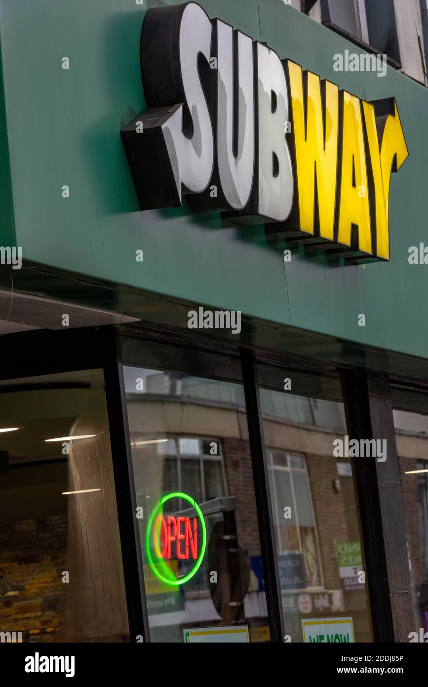 subway takeaway sandwich and fast food shop with large subway sign or ...