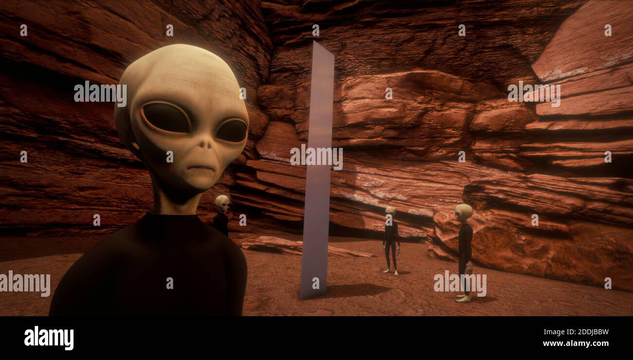 Alien Monolith Metal Object with Grey Alien in the desert. Extremely ...