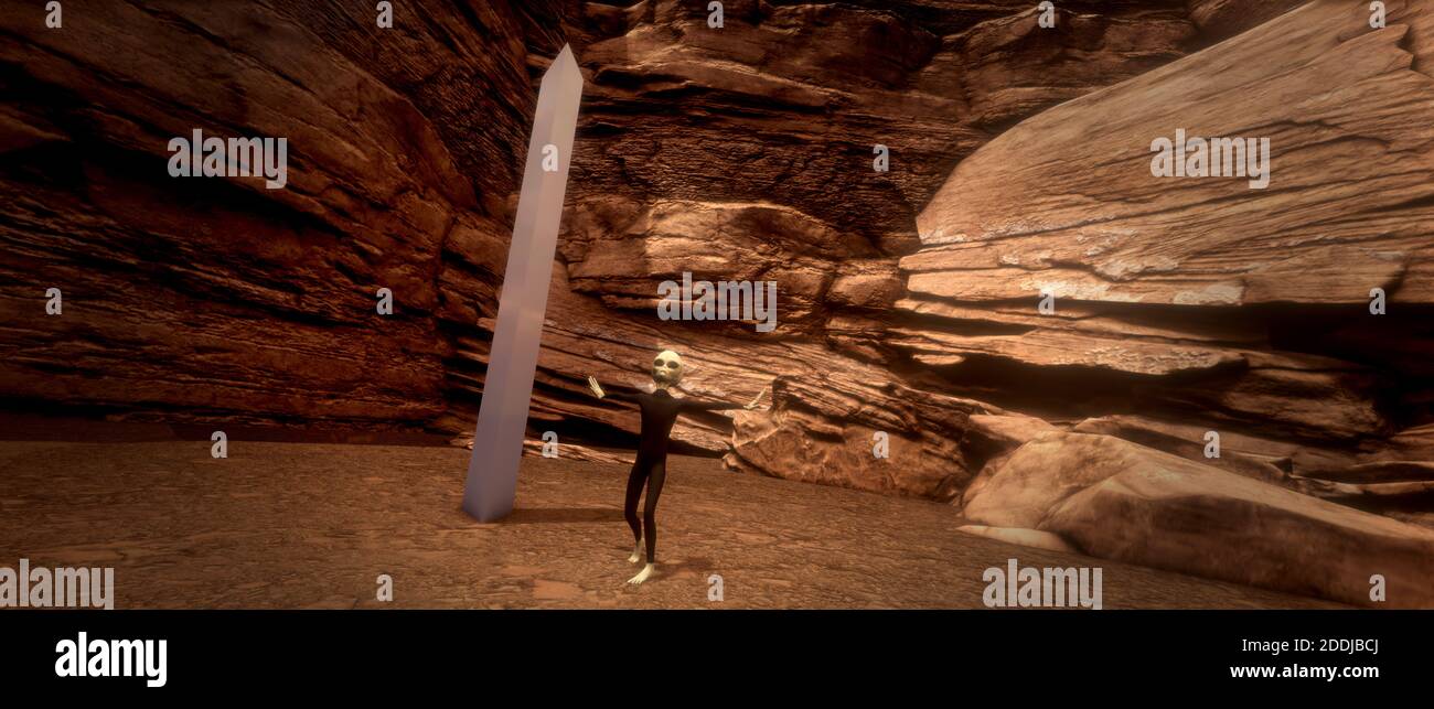 Alien Monolith Metal Object with Grey Alien in the desert. Extremely ...