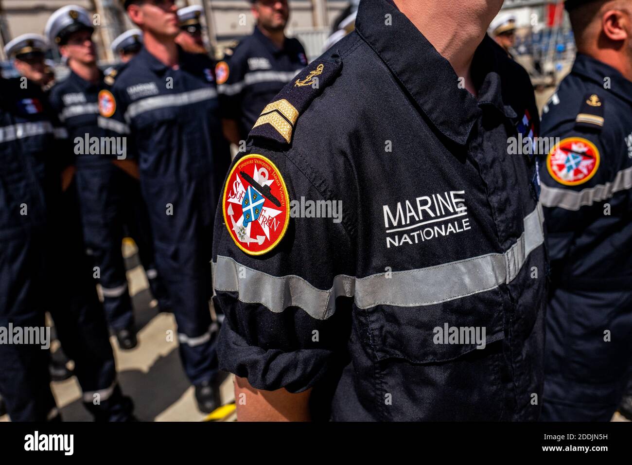 A photo shows the uniform of a member of the French navy crew of the ...