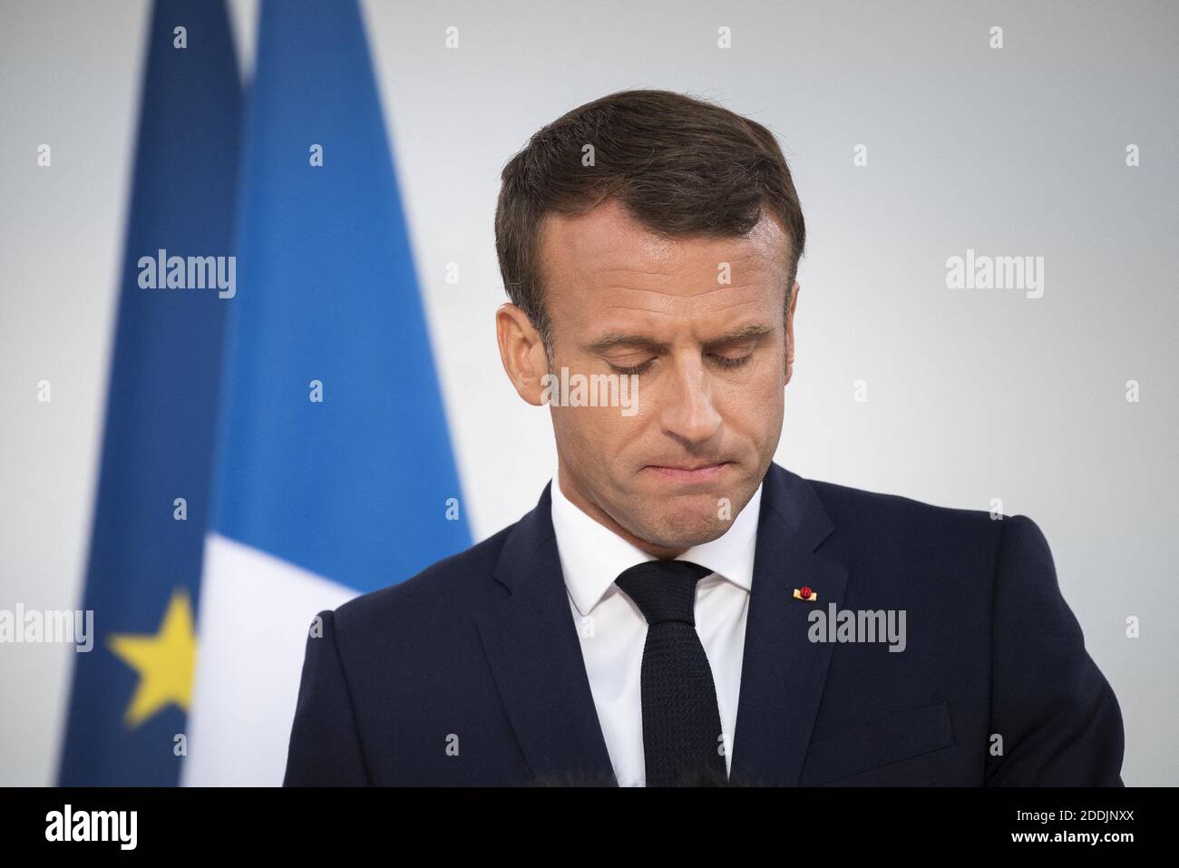 French President Emmanuel Macron delivers a speech at the residence of ...