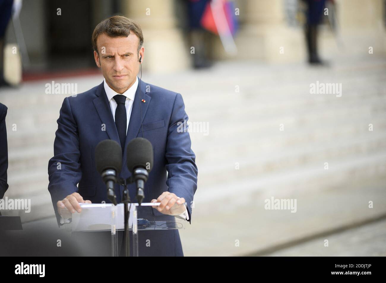 French President Emmanuel Macron gestures at the Elysee Presidential ...