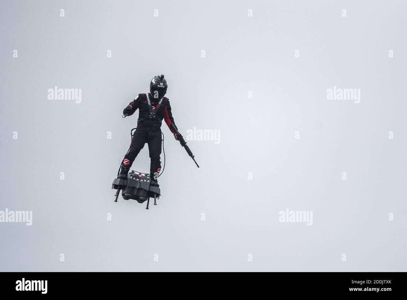 Zapata CEO Franky Zapata flies a jet-powered hoverboard or "Flyboard ...
