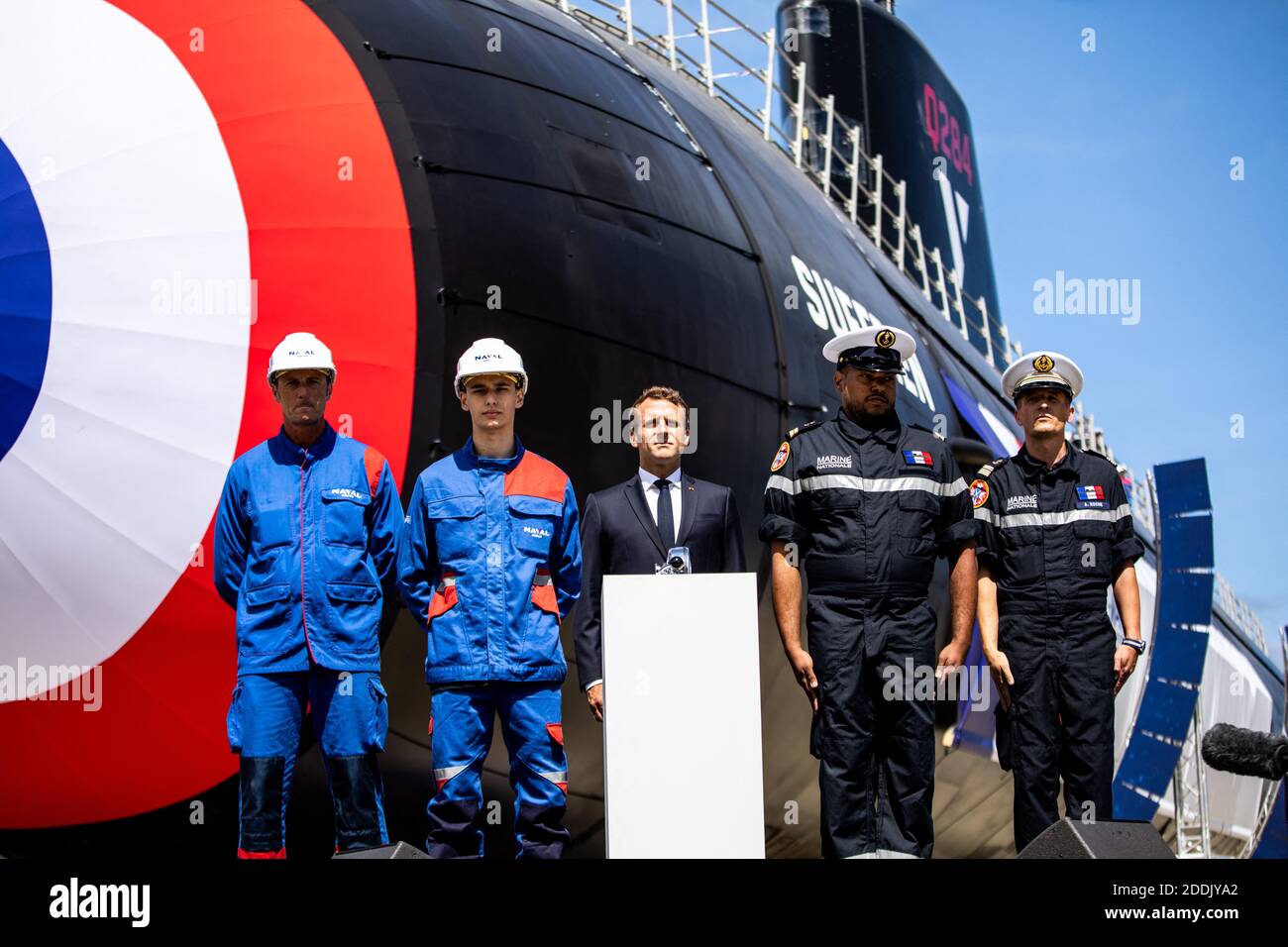 French President Emmanuel Macron during the launch of the submarine ...